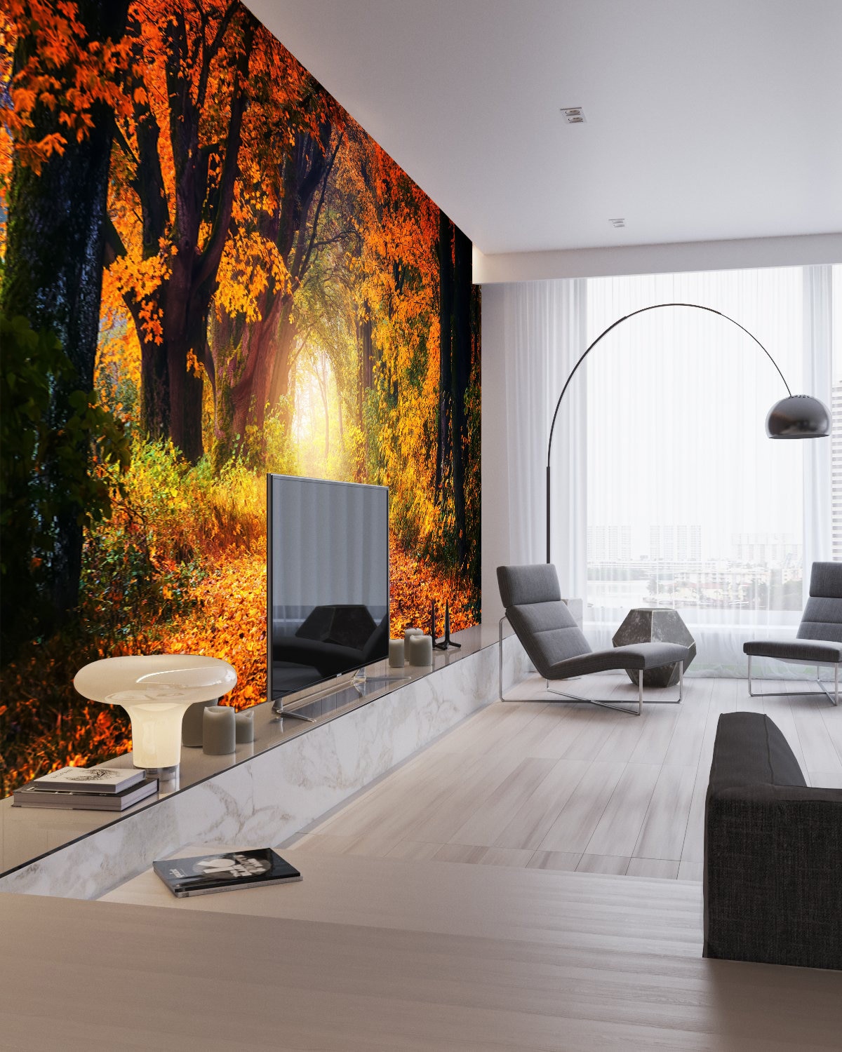 Forest Wallpaper Yellow Leaves Print Landscape Autumn Decal Wall Art ...