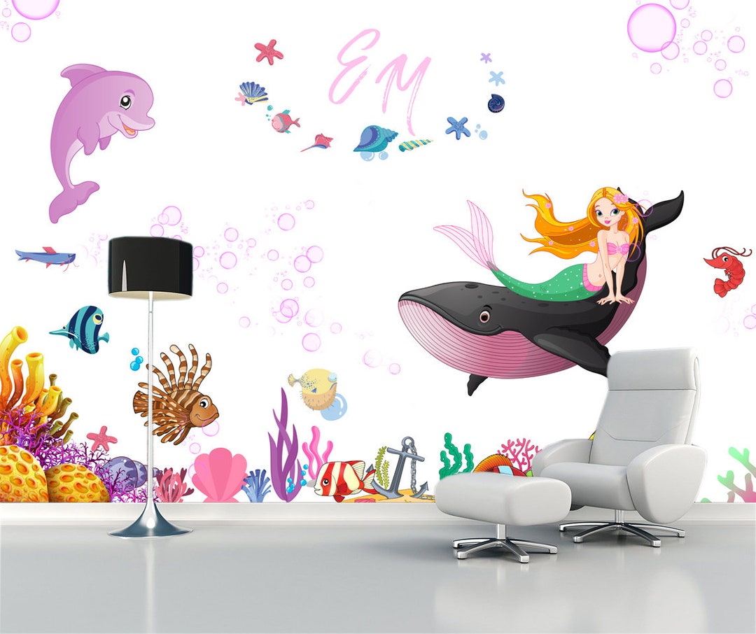 Mermaid Wall Mural Girls Initials Print Personalized Gifts Kids Room ...