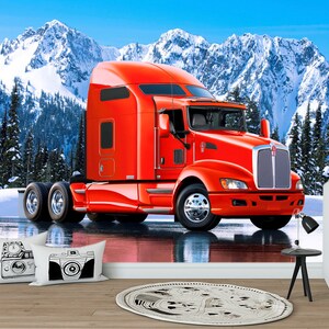Red Truck Wallpaper Mechanism Mural Lorry Car Wall Art Engine Print ...