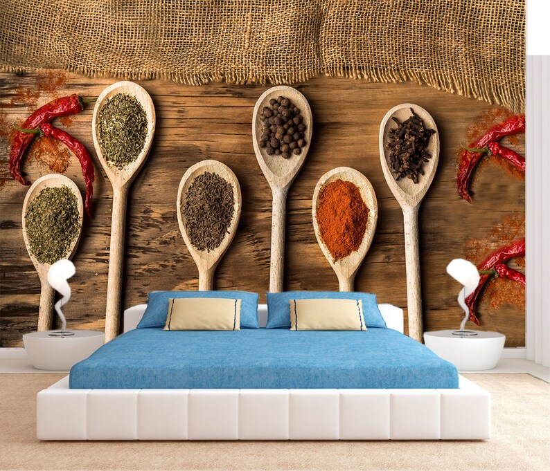 Peel and Stick Spices Wallpaper Kitchen Mural Spoon Print Food - Etsy