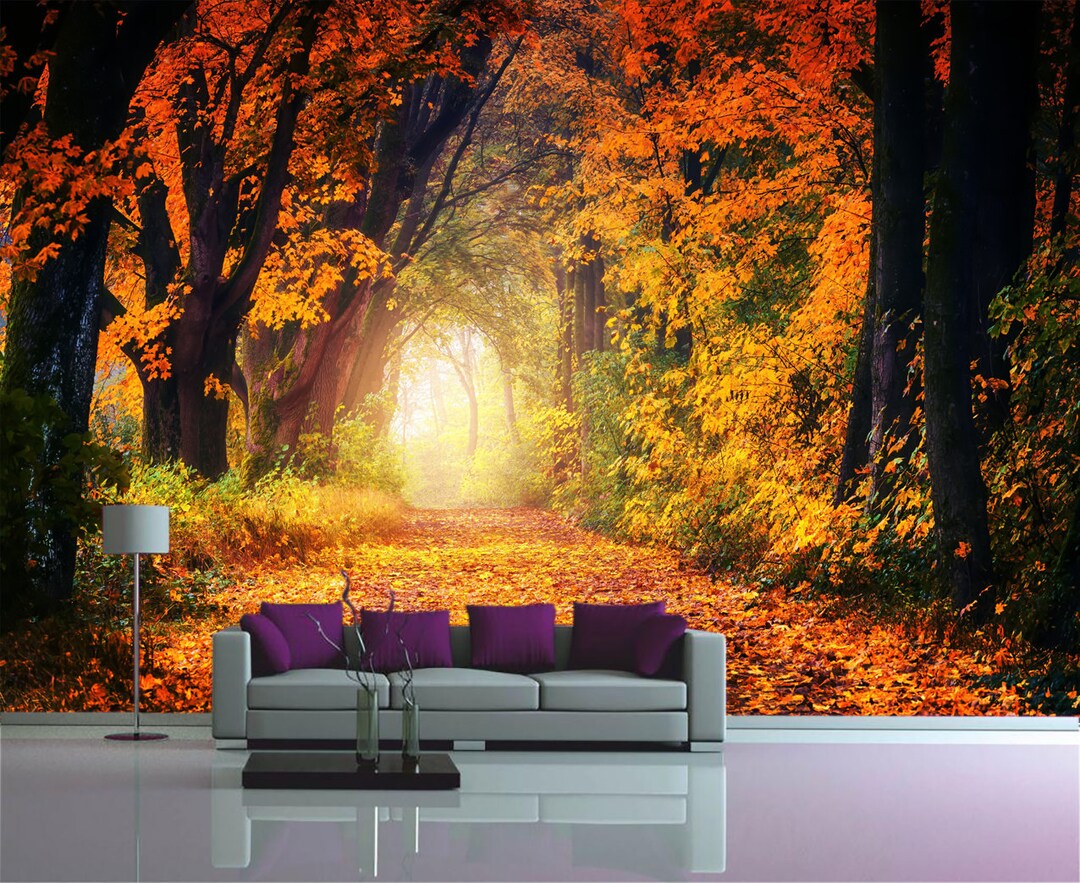 Forest Wallpaper Yellow Leaves Print Landscape Autumn Decal Wall Art ...