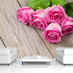 Roses on Tree Decal Pink Rose Decor Board Mural Wood Artwork Textured ...