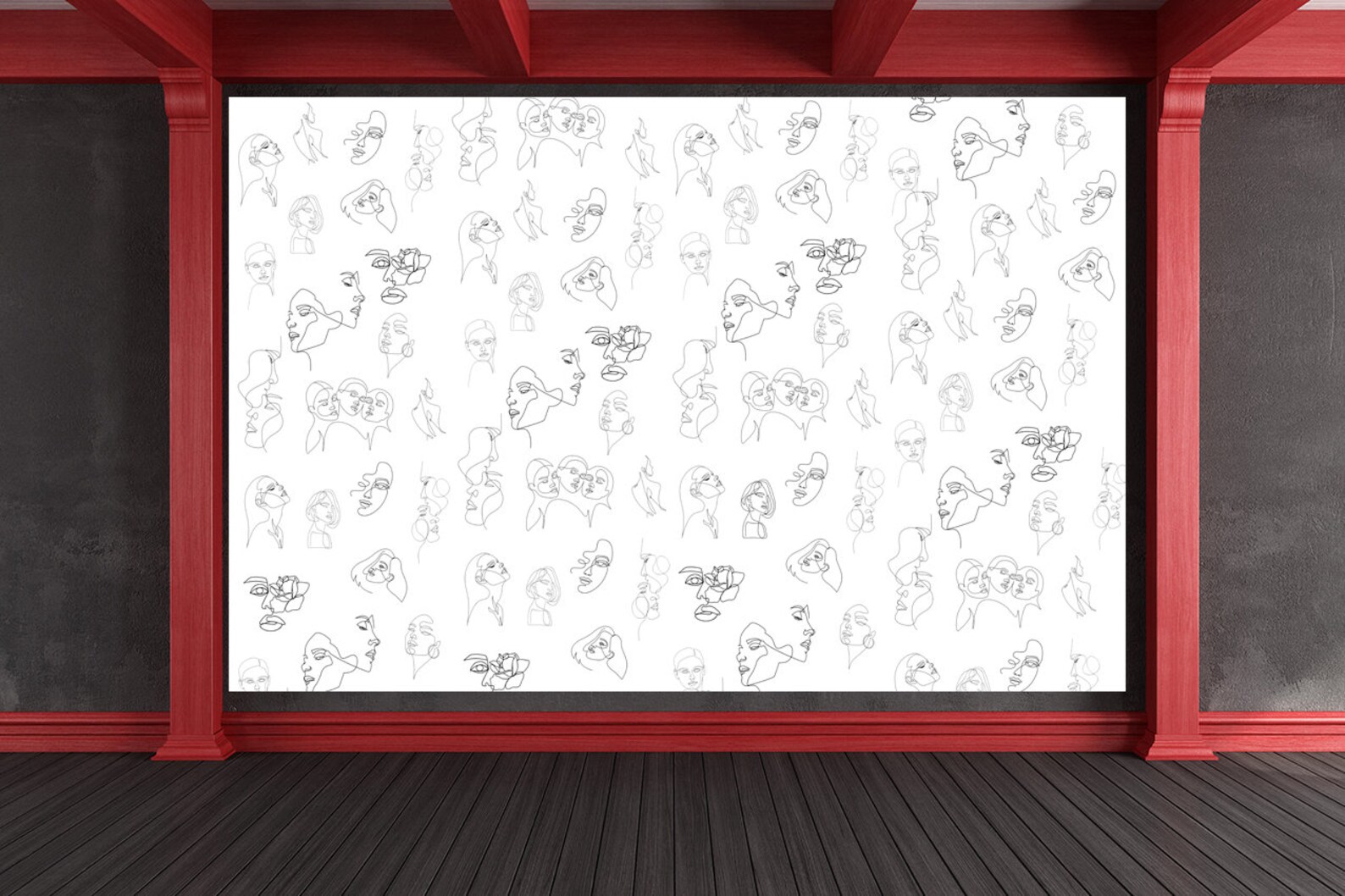 People Faces Mural Line Art Woman Silhouette Wallpaper Black White Line ...