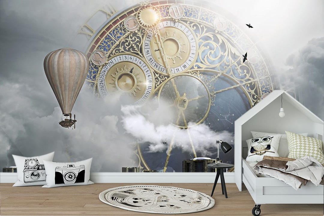 Steampunk Time Clock Wallpaper Mural, Fantasy City Sky Wall Art ...