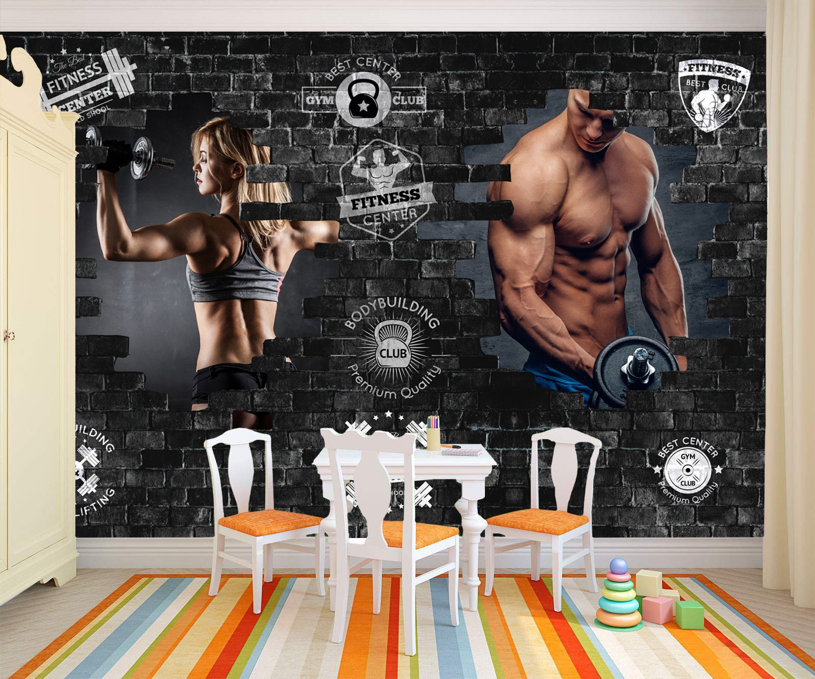 Gym Club Wallpaper Sport Mural Brick Wall Decal Weightlifter Print ...