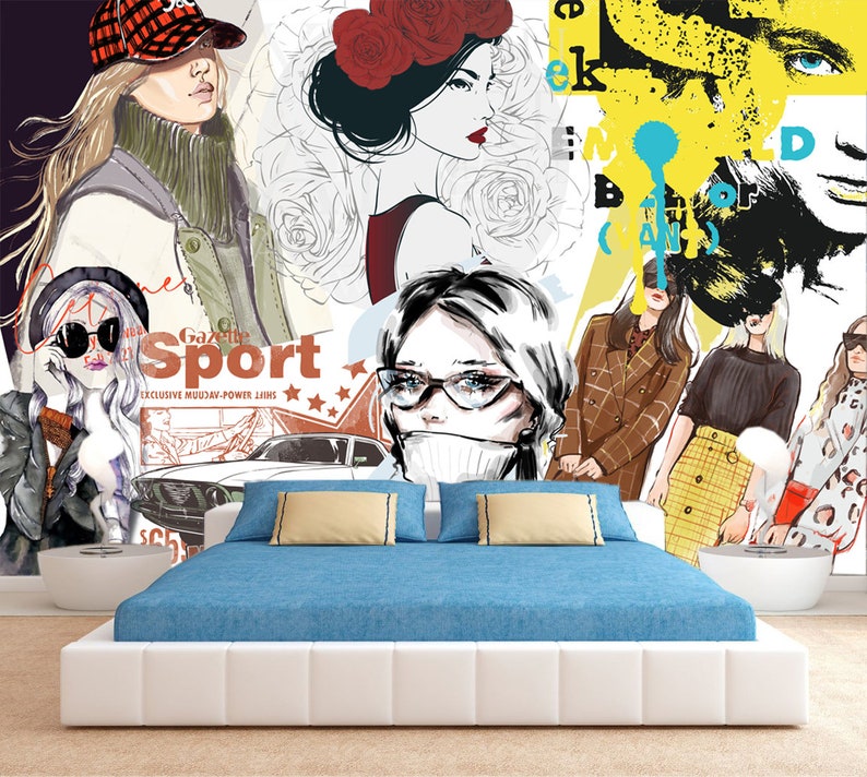 Fashion Wallpaper Girl Wall Mural Removable Woman Print Dress Room ...