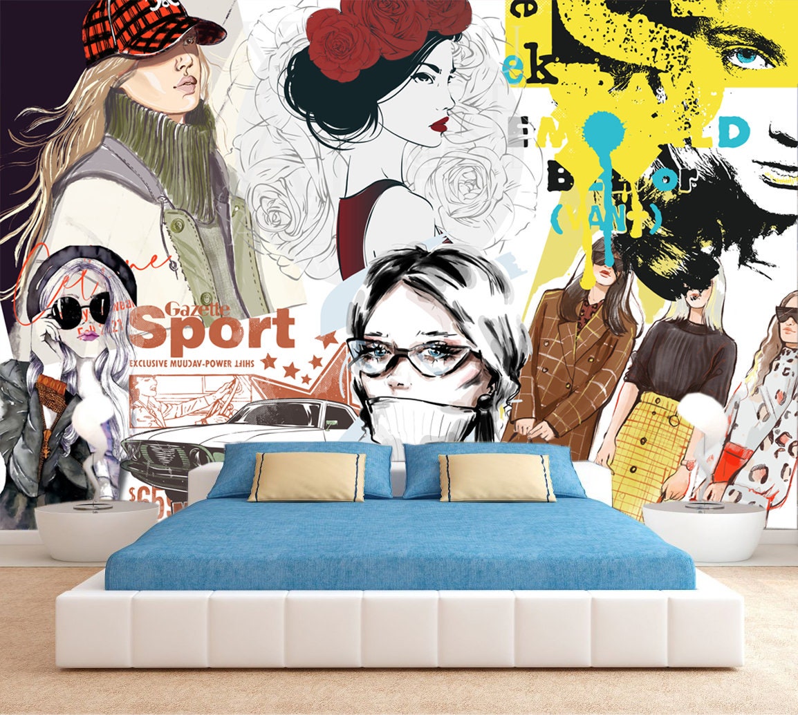 Fashion Wallpaper Girl Wall Mural Removable Woman Print Dress Room ...