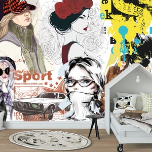 Fashion Wallpaper Girl Wall Mural Removable Woman Print Dress Room ...
