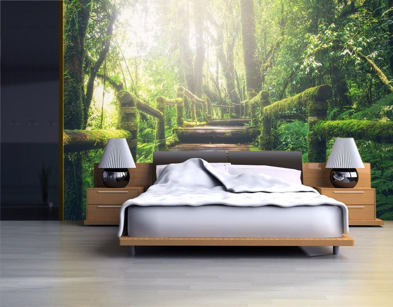 Wooden Bridge in the Jungle Wallpaper Rainforest Print Greenery Mural ...