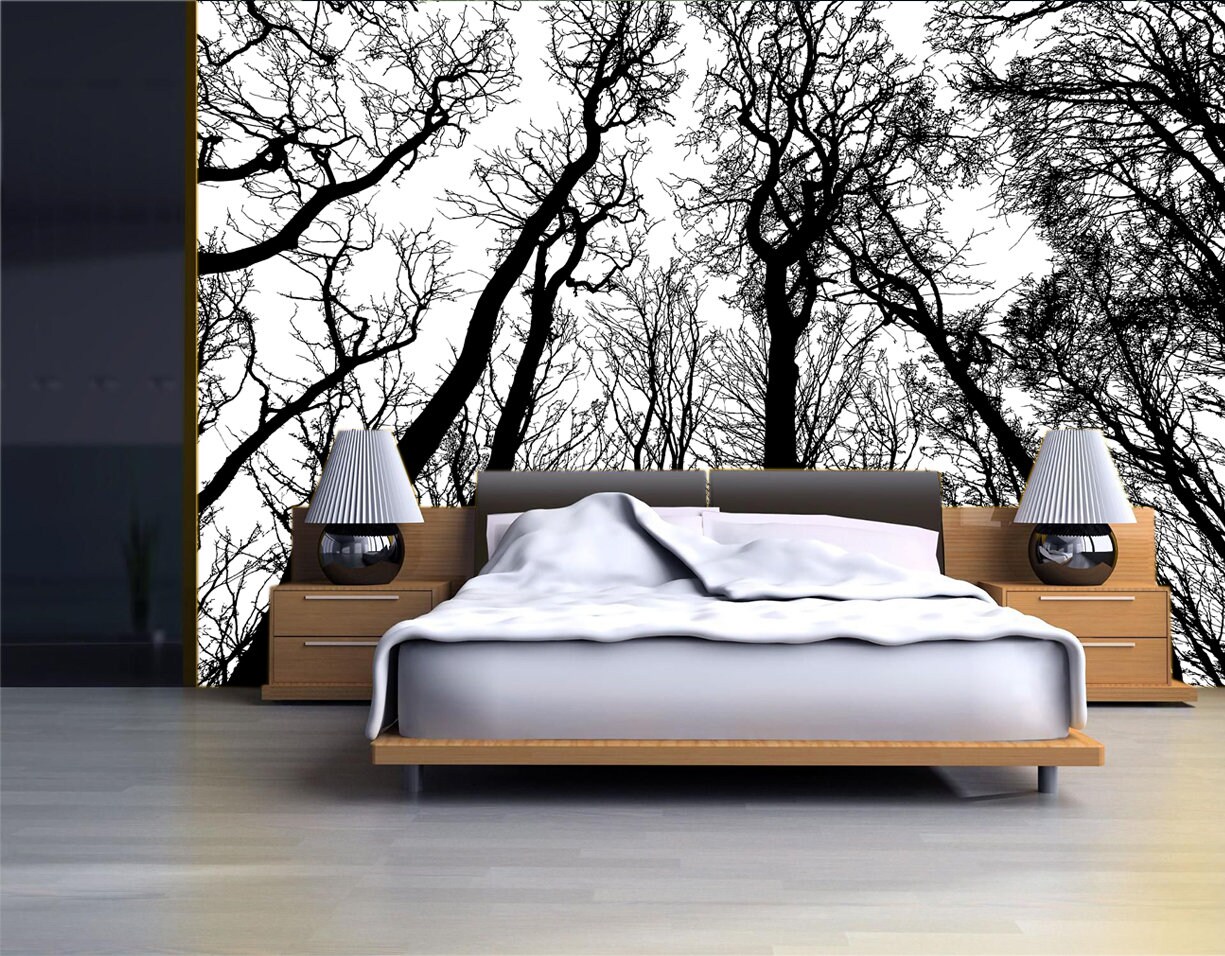 Tree Silhouette Wallpaper Branch Wall Print Minimalist Mural - Etsy