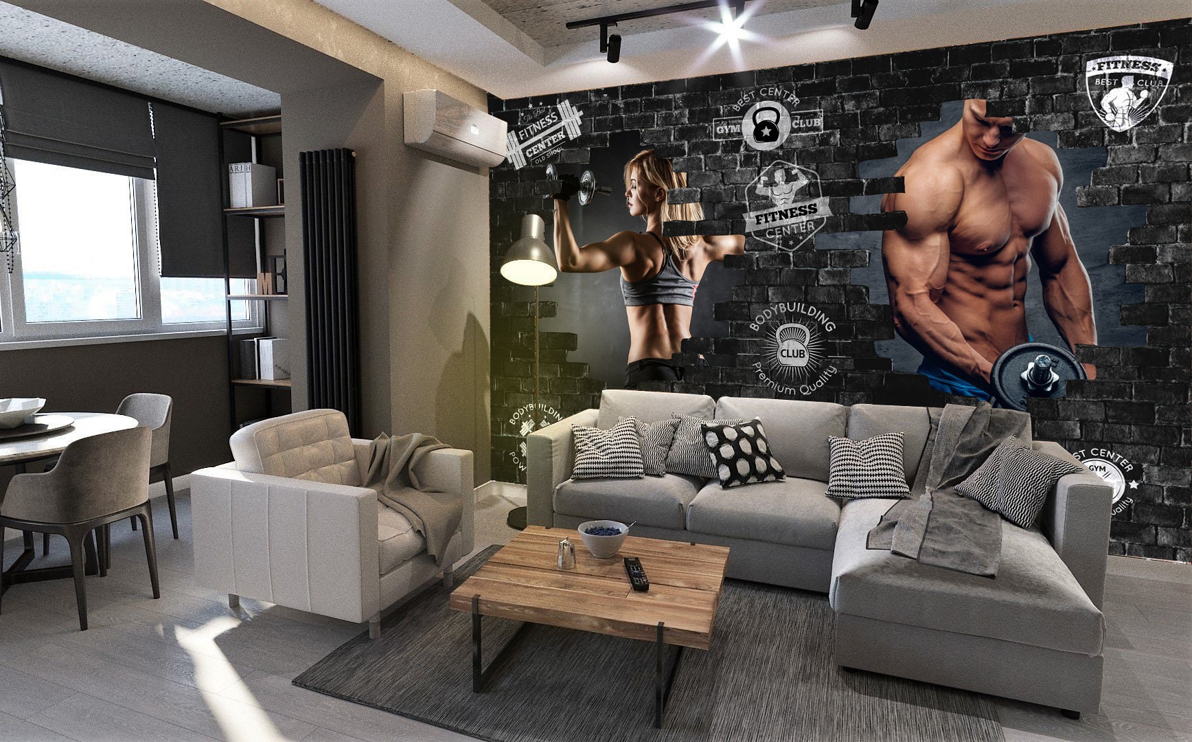 Gym Club Wallpaper Sport Mural Brick Wall Decal Weightlifter Print ...