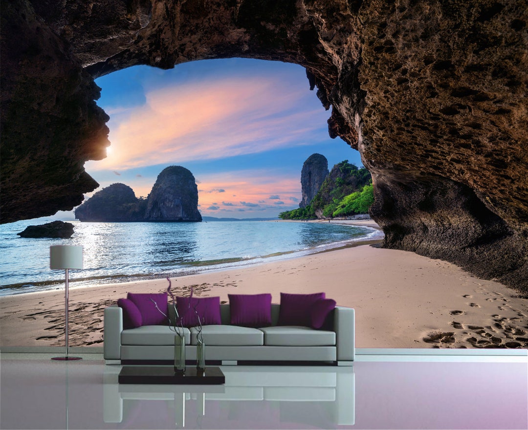 Cave Mural Grotto Beach Wallpaper Ocean Wall Art Nature Print Removable ...