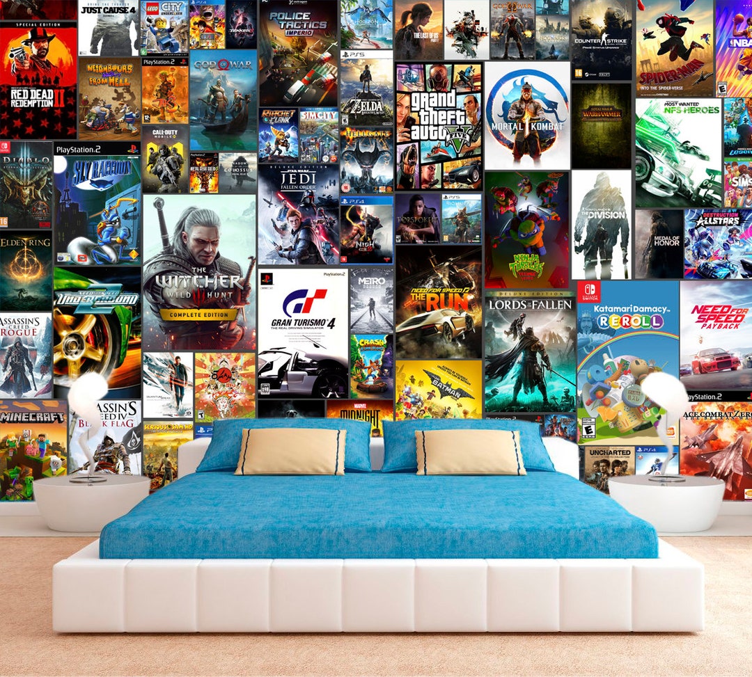 Retro Video Games Wallpaper Collage Game Wall Mural Teenager Wall Print ...
