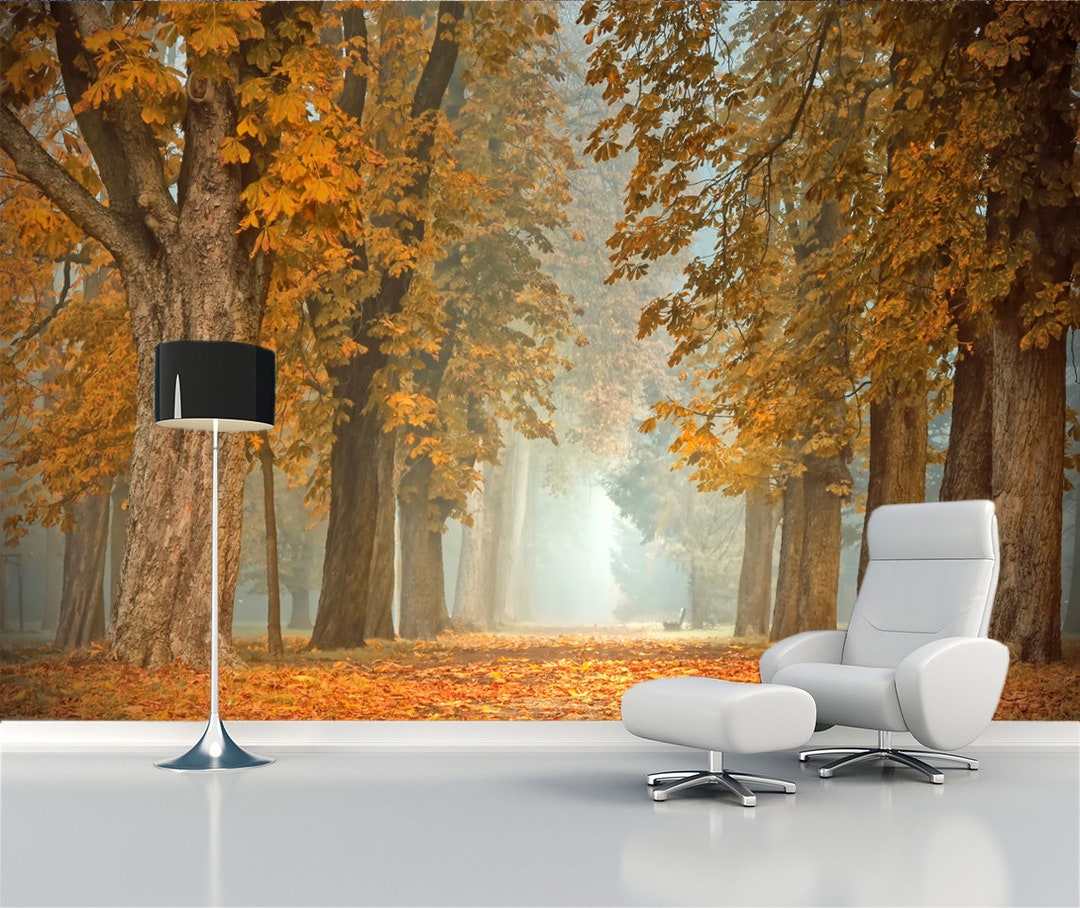 Autumn Wallpaper Tree With Yellow Leaves Print Landscape Decal Park ...