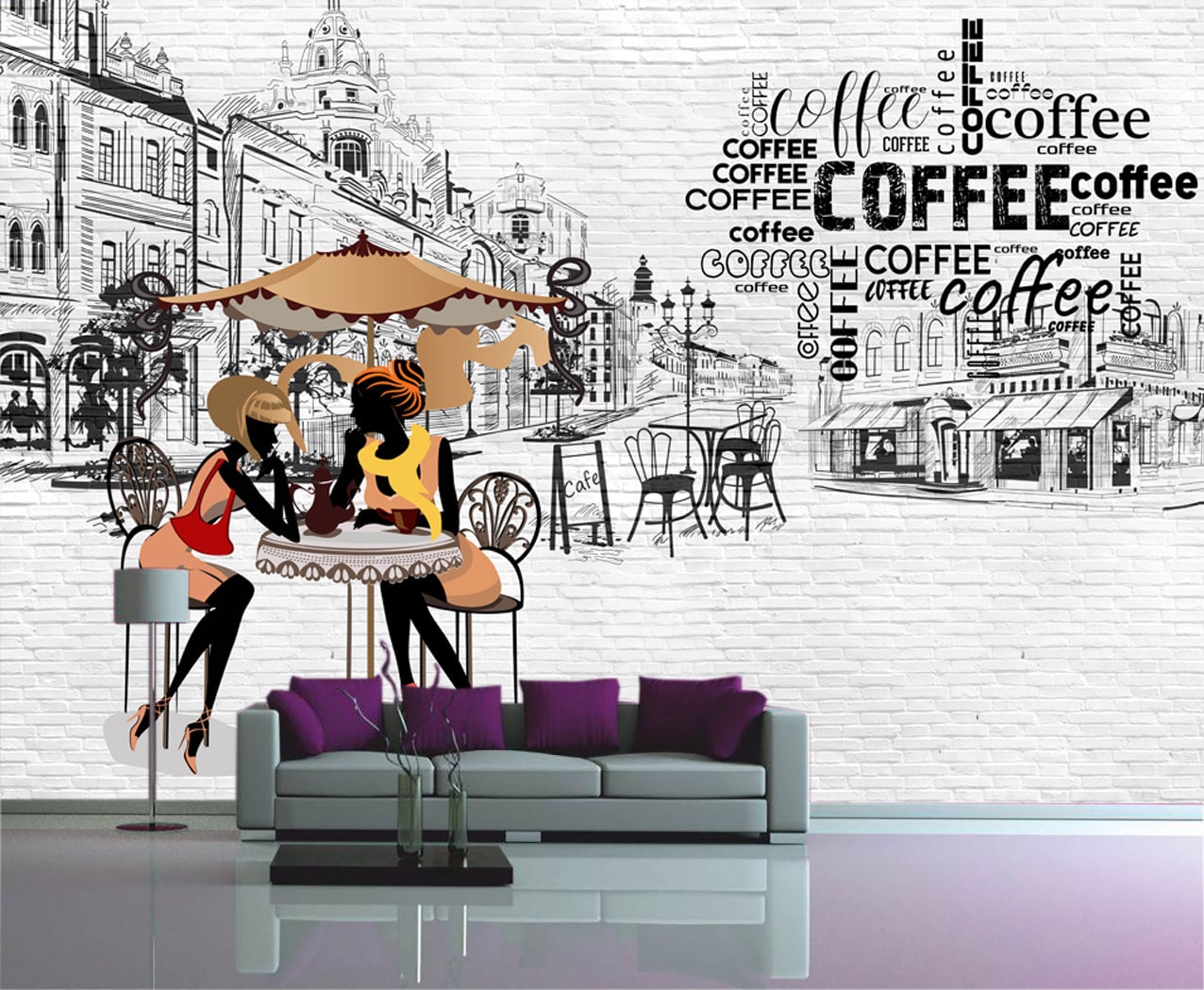 Coffee Theme Wallpaper Cafe House Mural Sketch Design Street Art Print ...