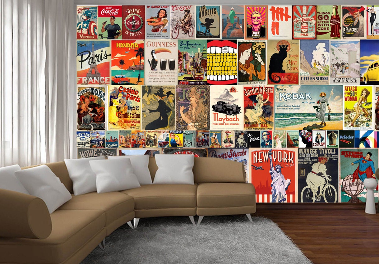 Vintage Poster Wallpaper Pop Art Retro Wall Mural Collage - Etsy
