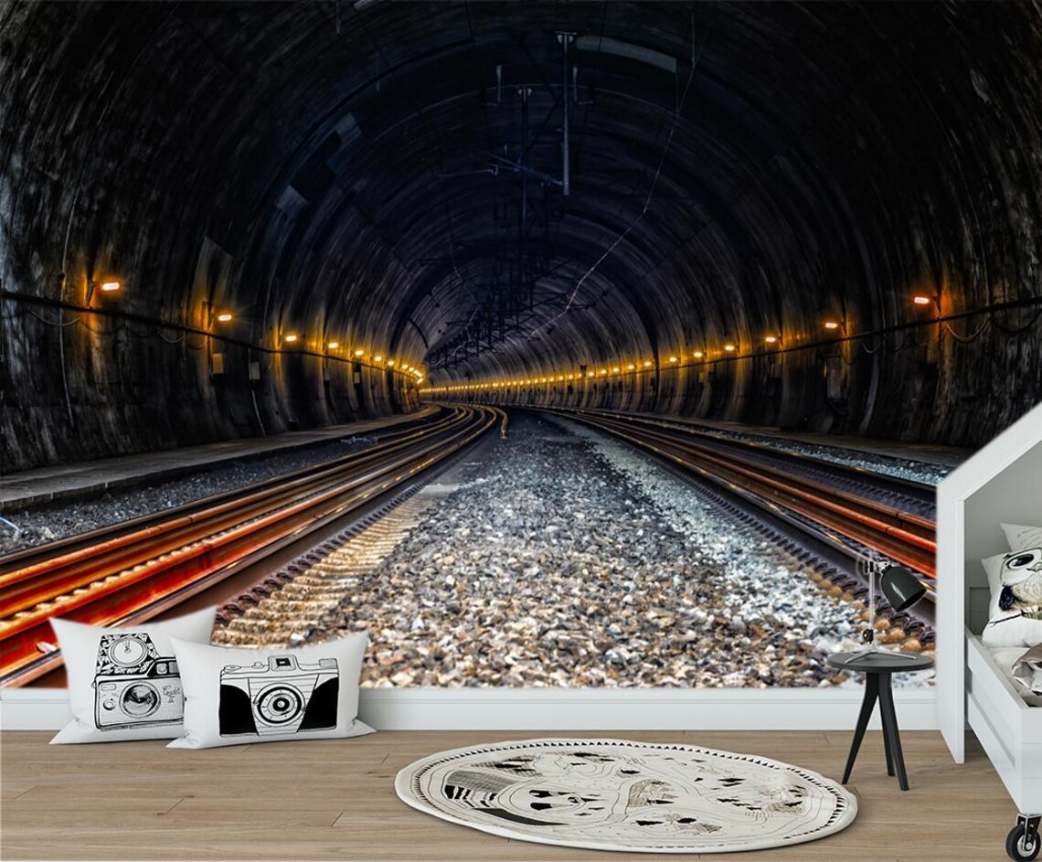 Subway Tunnel Wallpaper Train Tracks Mural Realistic Style Wall Art Boy ...