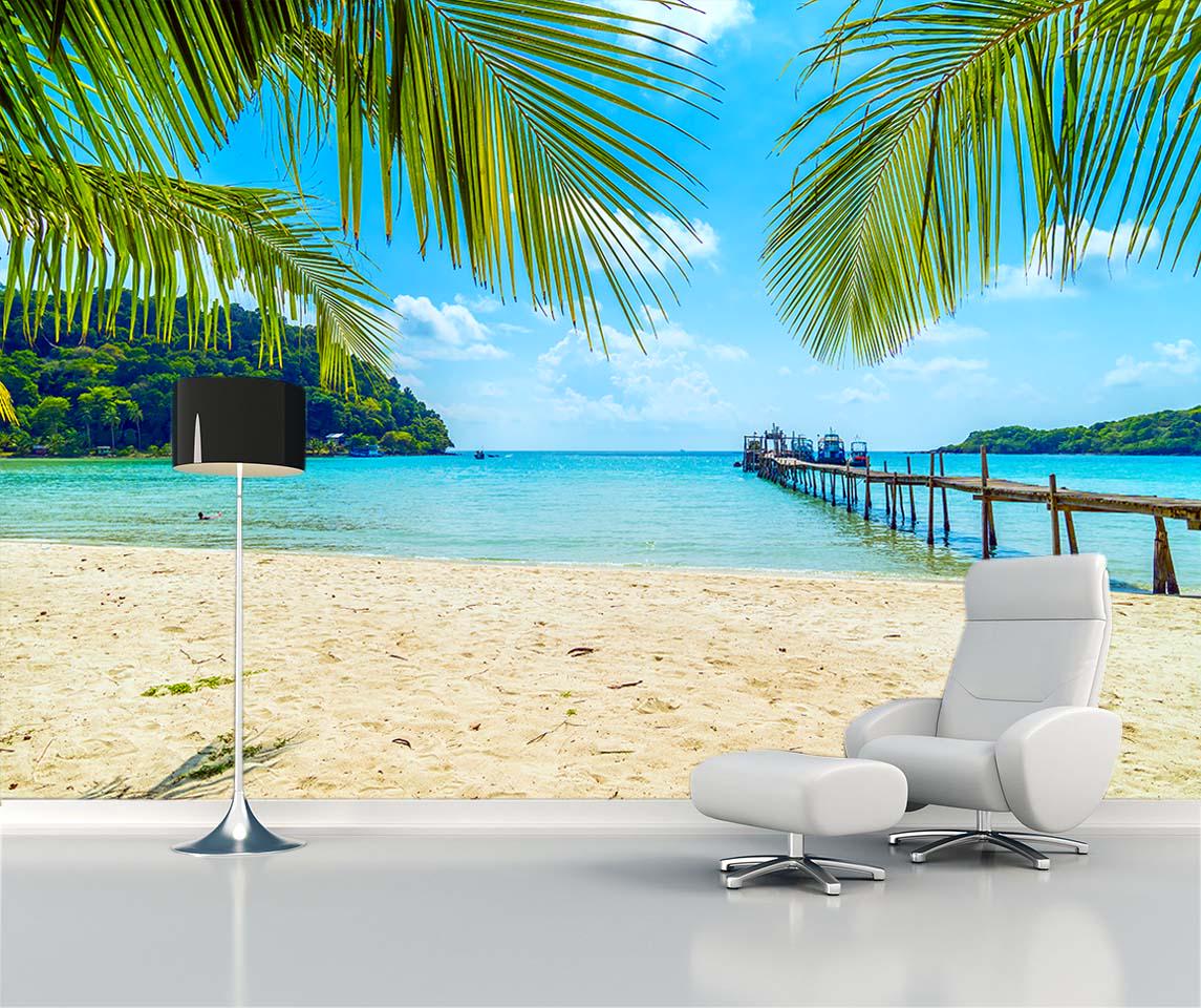 Pier Wallpaper Palm Leaves Peel & Stick Seascape Mural Relax Decor for ...
