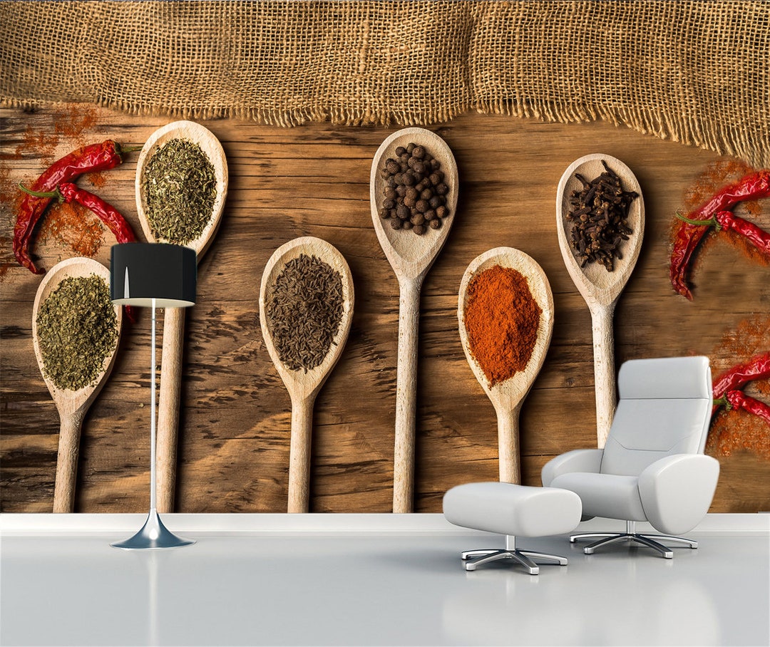 Peel and Stick Spices Wallpaper Kitchen Mural Spoon Print Food Decal ...