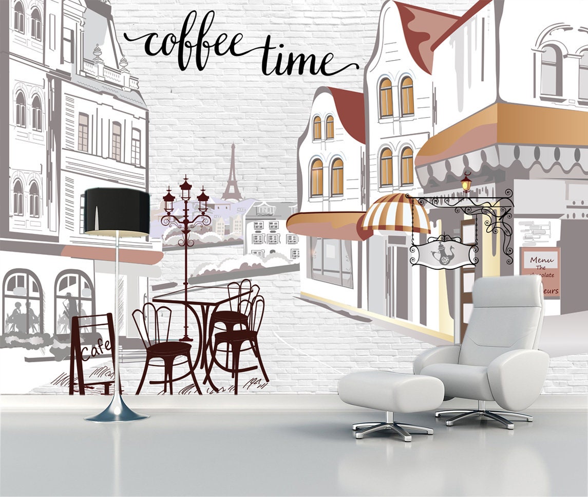 3D Coffee Time Wallpaper Cafe Wall Mural Sketch Design Coffee Shop ...