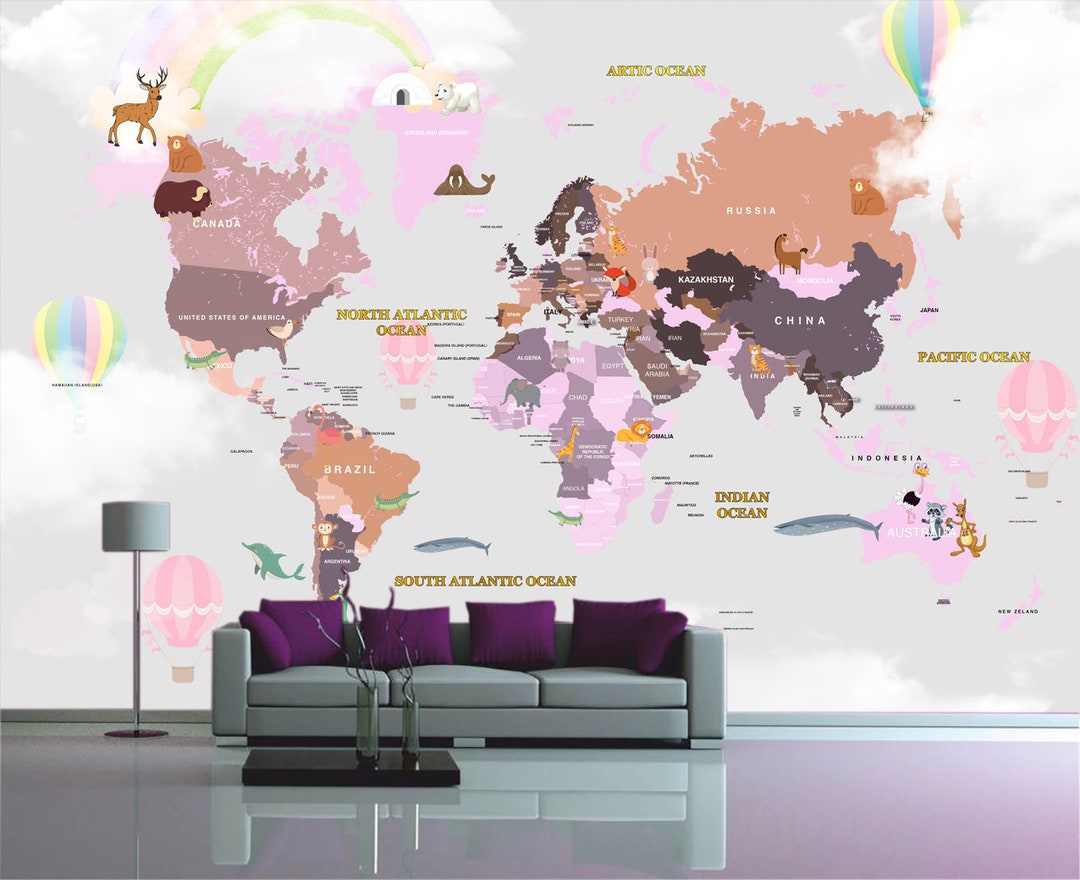 Baby Map Wallpaper Animal Mural Geographic Map Print World Map Wall Art ...