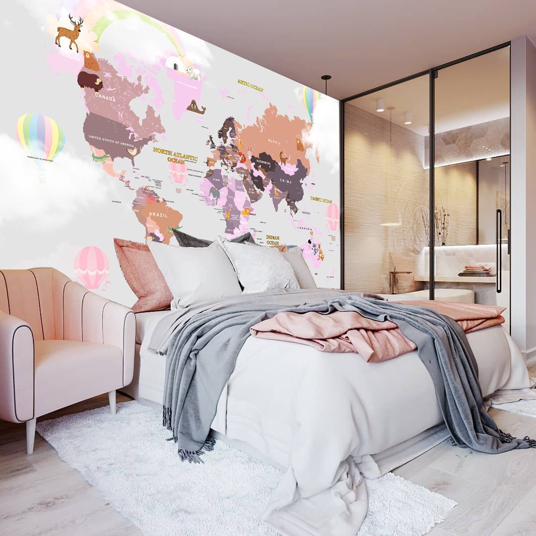 Baby Map Wallpaper Animal Mural Geographic Map Print World Map - Etsy