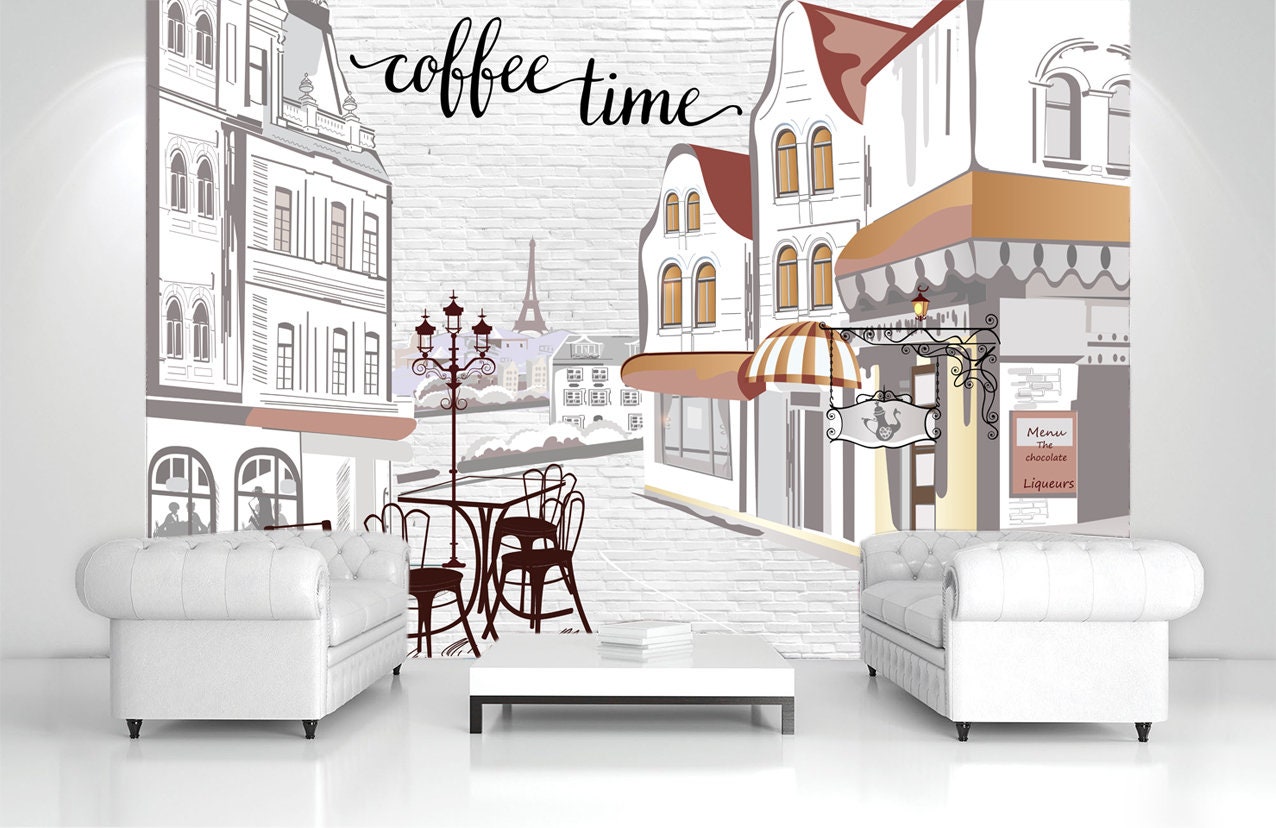 3D Coffee Time Wallpaper Cafe Wall Mural Sketch Design Coffee Shop ...