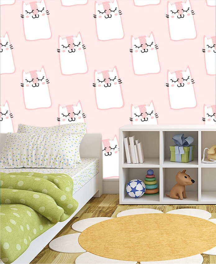 Cat Wall Mural Kids Wall Decal Cat Wall Decals Animal Wallpaper Nursery ...