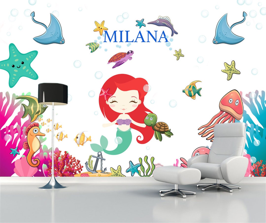 Personalized Name Girl Wall Mural Mermaid Artwork Underwater Decor Girl ...