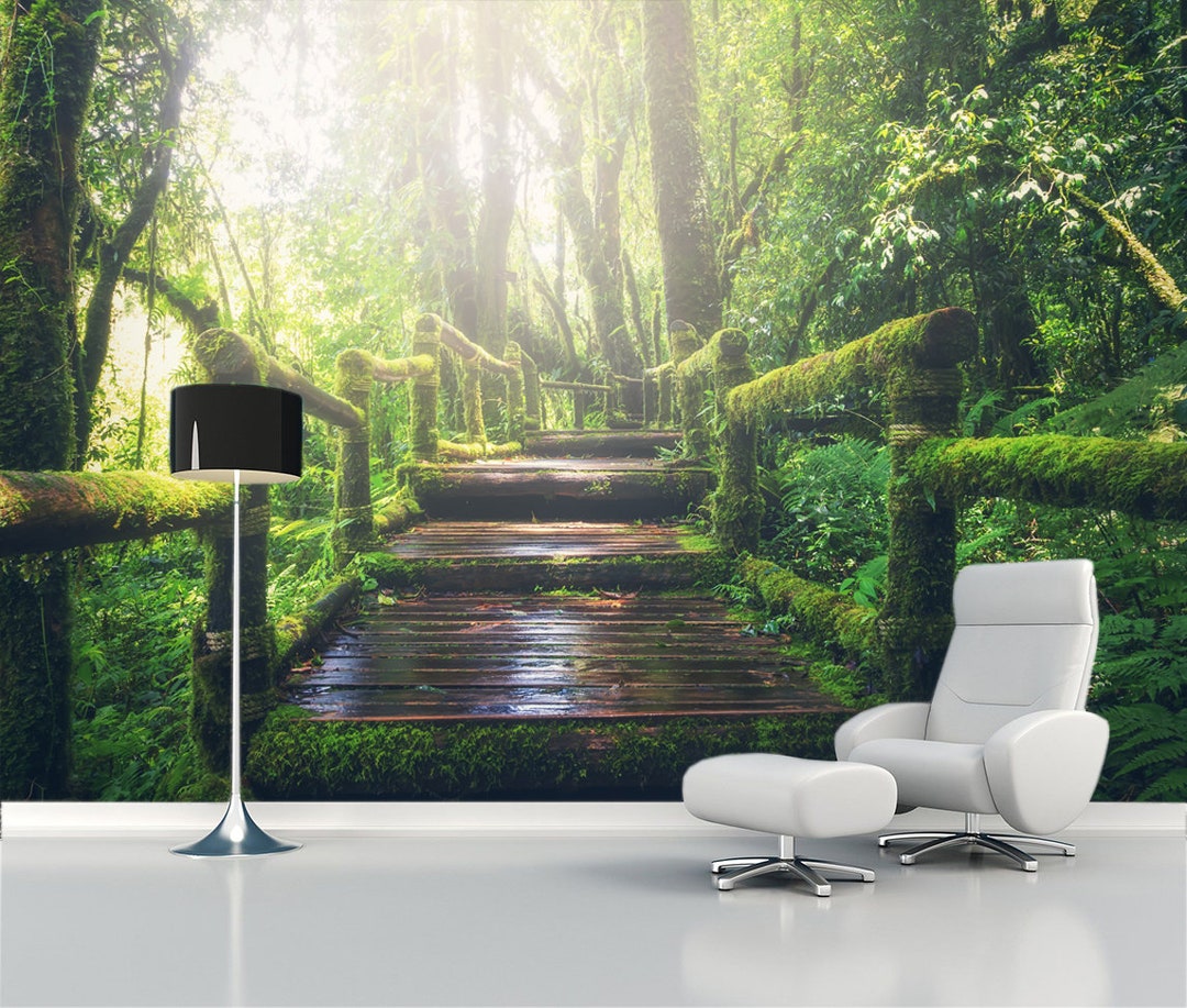 Wooden Bridge in the Jungle Wallpaper Rainforest Print Greenery Mural ...