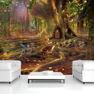 Treehouse Wallpaper Fantasy Enchanted Forest Mural Magical Forest Wall ...