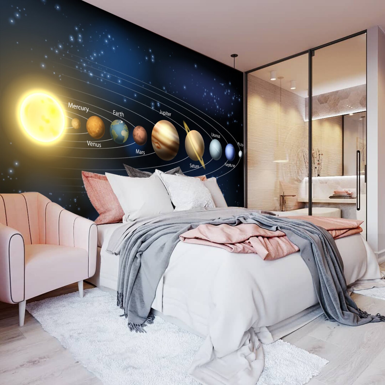 Solar System Wallpaper Planet Wall Decal Removable Earth Sun Vinyl Decal Cosmos Wall Art Outer ...
