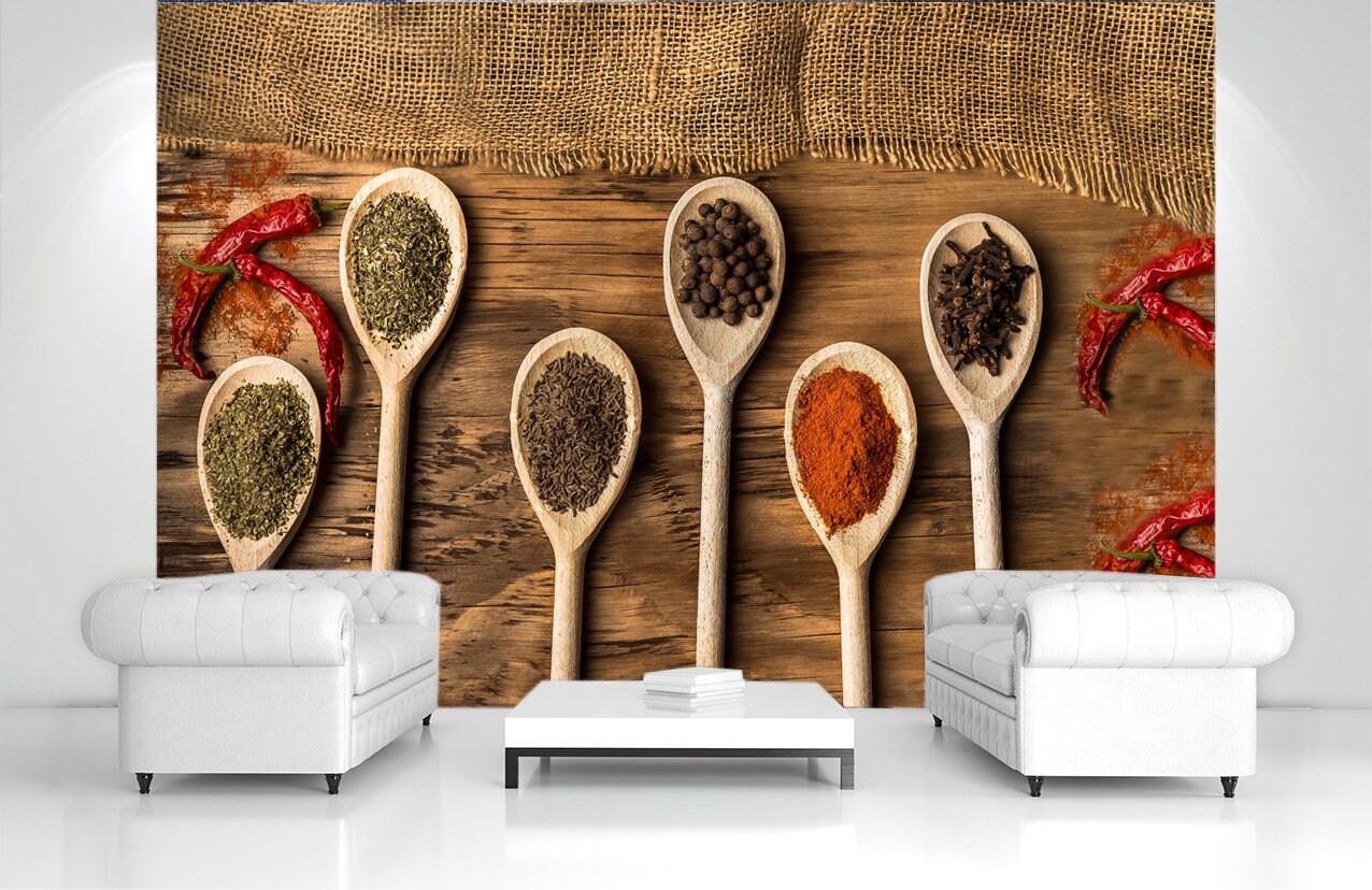 Peel and Stick Spices Wallpaper Kitchen Mural Spoon Print Food Decal ...