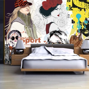 Fashion Wallpaper Girl Wall Mural Removable Woman Print Dress Room ...