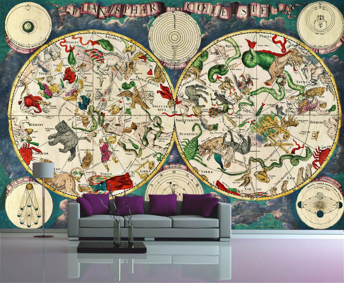 Celestial Planisphere Wallpaper Constellation Old Map Animal - Etsy