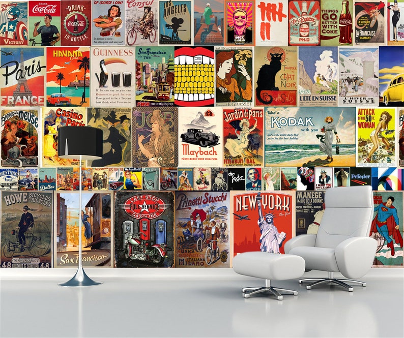 Vintage Poster Wallpaper Pop Art Retro Wall Mural Collage Wallpaper ...