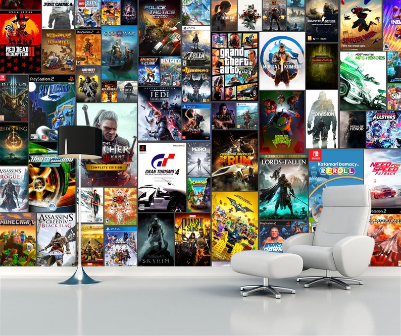 Retro Video Games Wallpaper Collage Game Wall Mural Teenager Wall Print ...