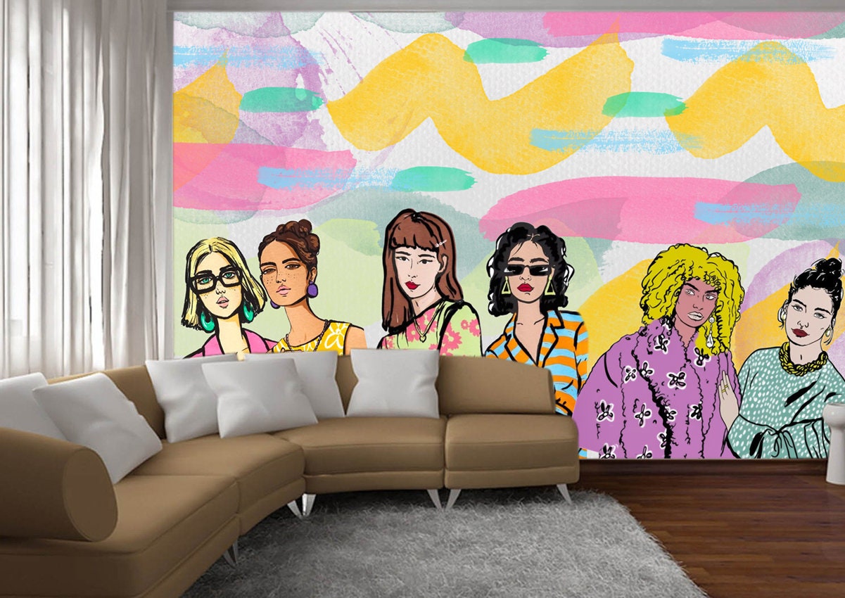Style Girl Mural Colorful Wallpaper Watercolor Print Rainbow - Etsy