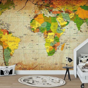 Geographical Map of the World Wallpaper Vintage Geography Mural Peel ...