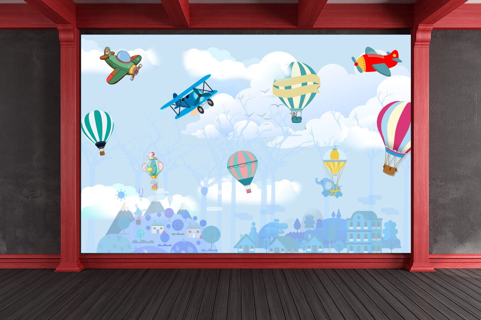 Balloons Mural Flying Air Balloons Kids Rooms Wallpaper Animal Nursery ...