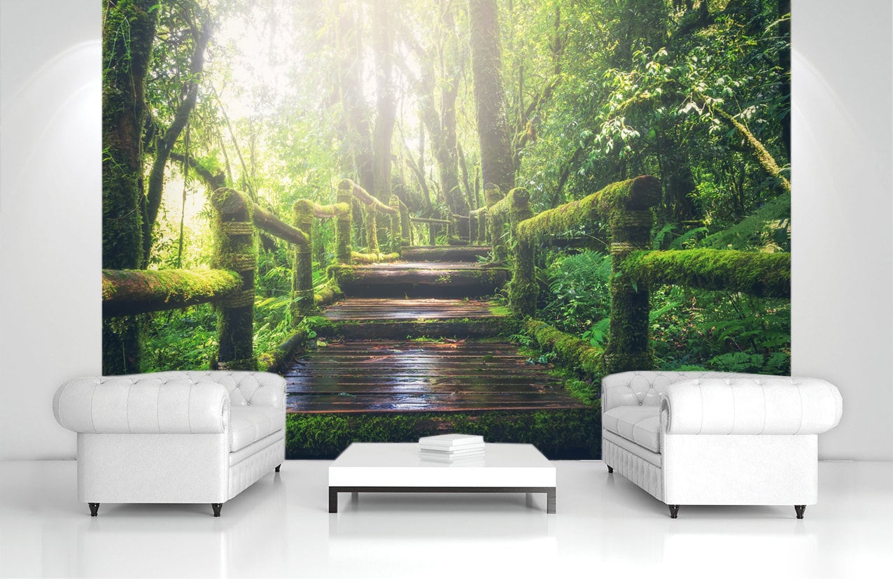 Wooden Bridge in the Jungle Wallpaper Rainforest Print Greenery Mural ...