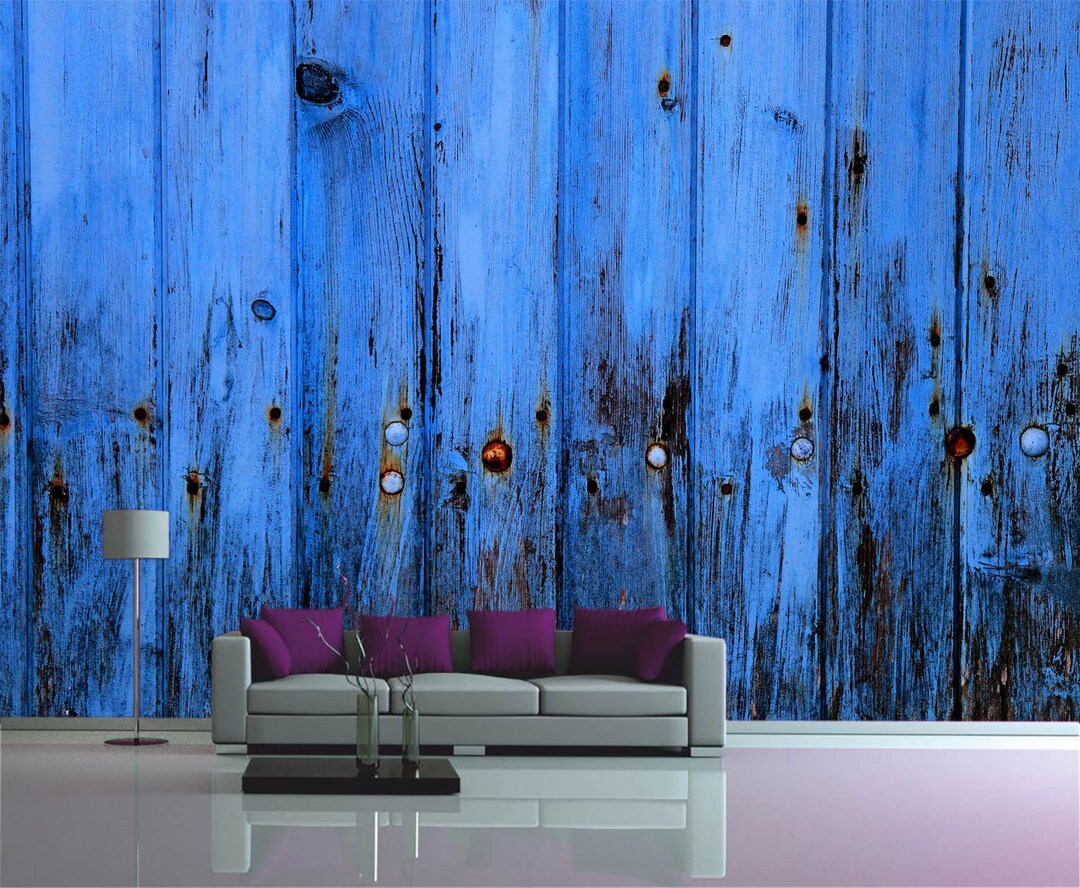 Wood Wall Mural Blue Home Decor Old Wood Artwork Textured Decal Self ...