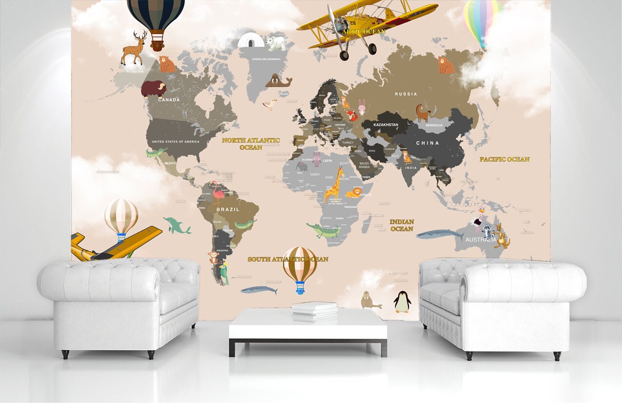 Kids Map Wallpaper Animal Mural Geographic Map Print World Map Wall Art ...