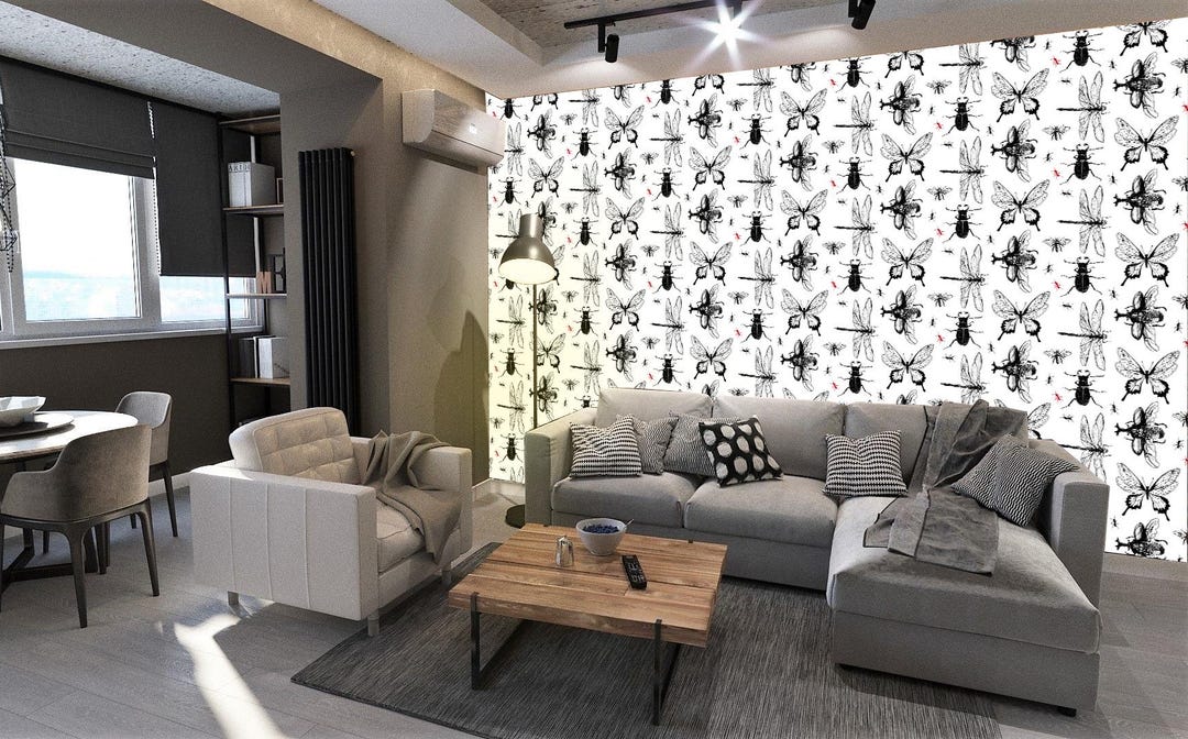 Butterfly Wallpaper Insects Mural Botanical Room Décor Bugs Print ...