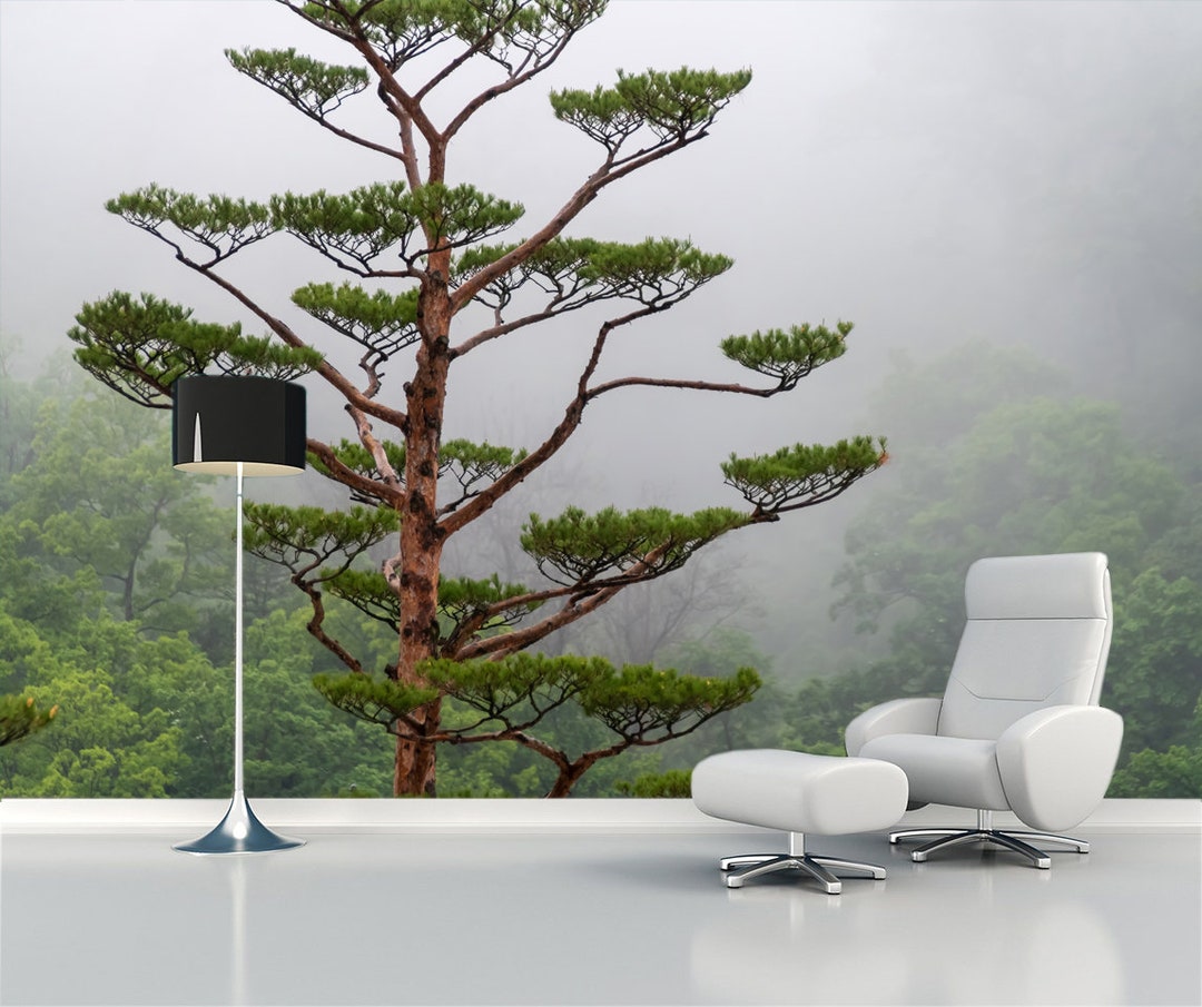 Conifer Tree Wallpaper Forest Wall Print Fog Mural Landscape Wall Art ...