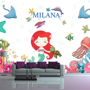 Personalized Name Girl Wall Mural Mermaid Artwork Underwater Decor Girl ...