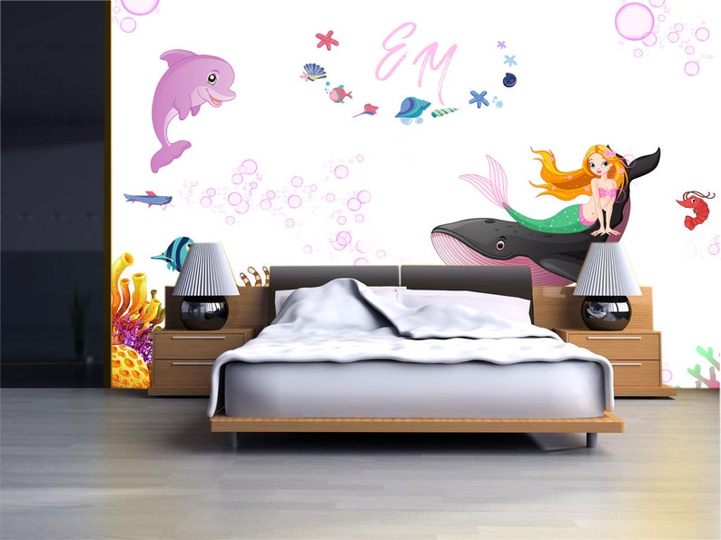 Mermaid Wall Mural Girls Initials Print Personalized Gifts Kids Room ...