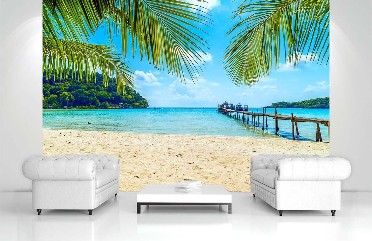 Pier Wallpaper Palm Leaves Peel & Stick Seascape Mural Relax Decor for ...