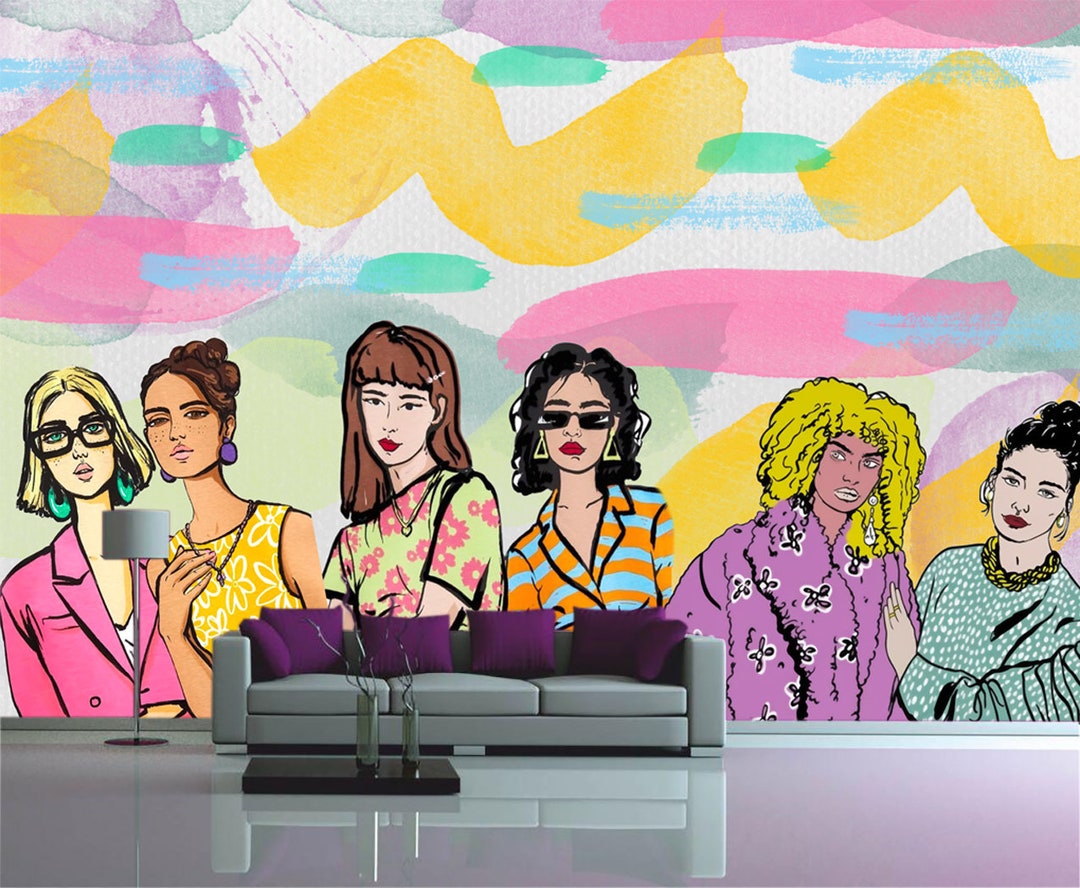 Style Girl Mural Colorful Wallpaper Watercolor Print Rainbow Wall Art ...
