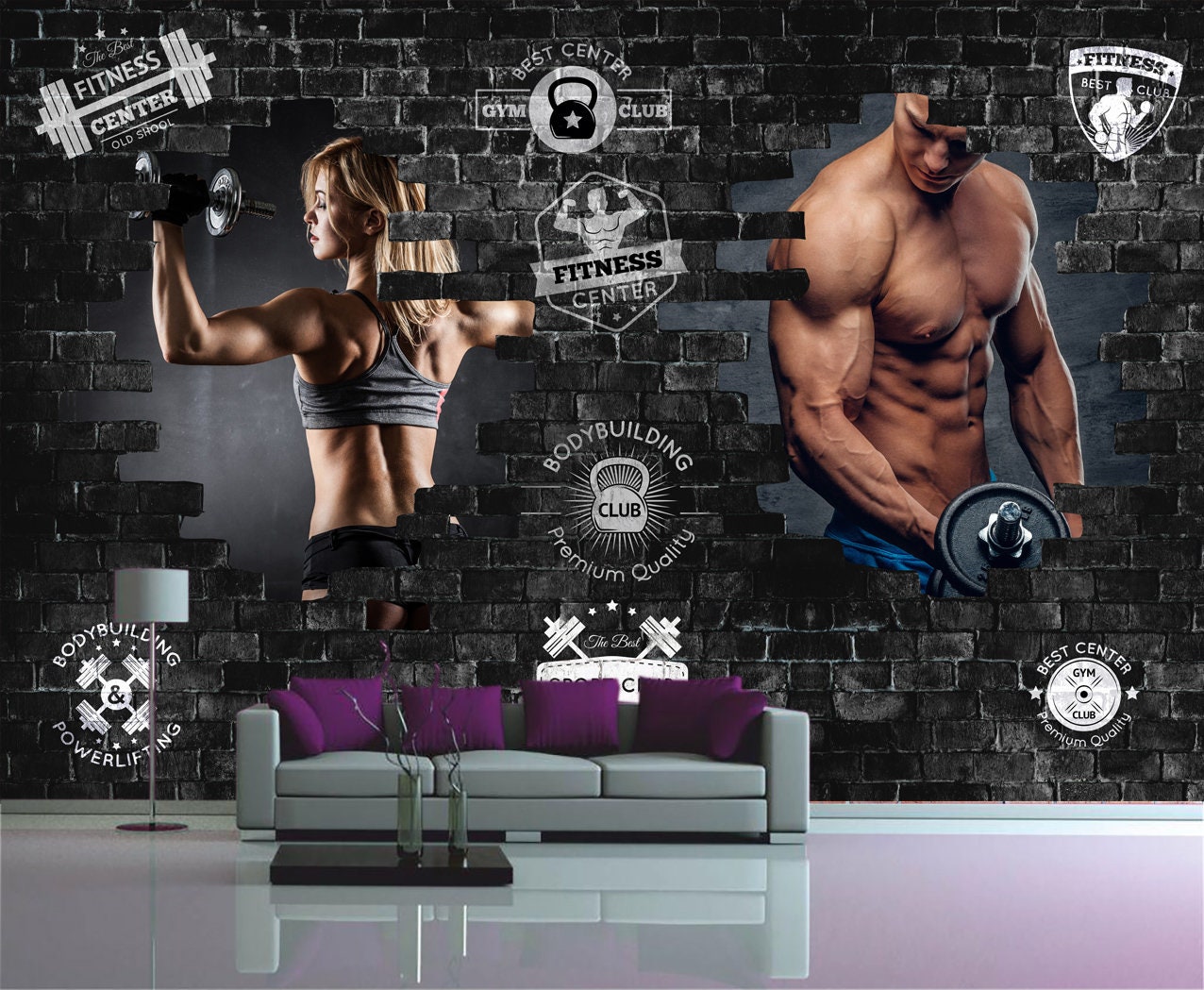 Gym Club Wallpaper Sport Mural Brick Wall Decal Weightlifter Print ...